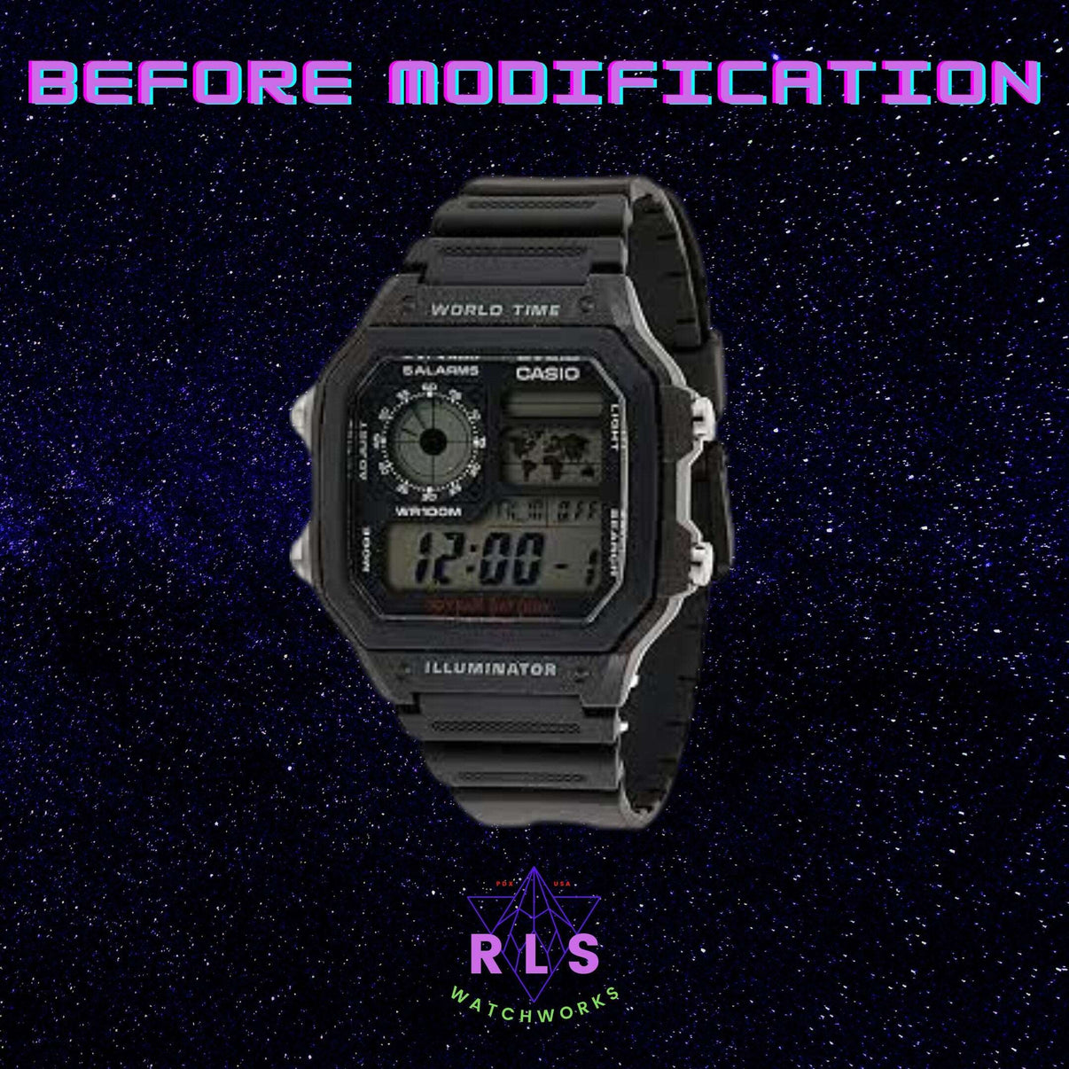 Black Casio World Time Watch with Color Screen Mod (Pick your colors ...